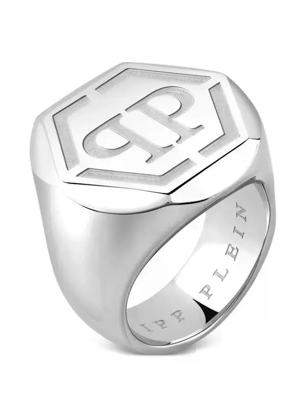Philipp Plein Hexagonal Engraved Logo Signet Ring - Silver
