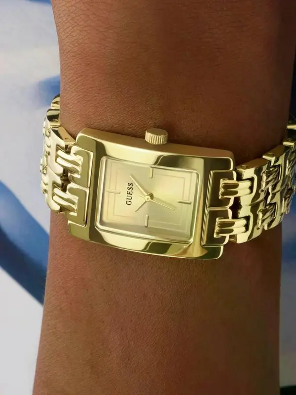 Guess Rectangular Case Watch With Champagne-tone Dial