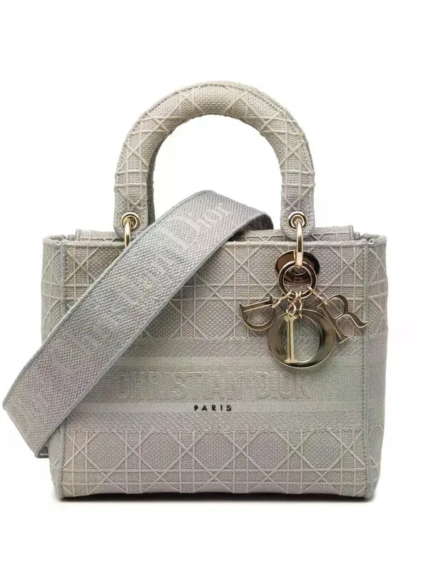 Dior 2019 Medium Embroidered Canvas Cannage Lady D Lite Satchel - Grey