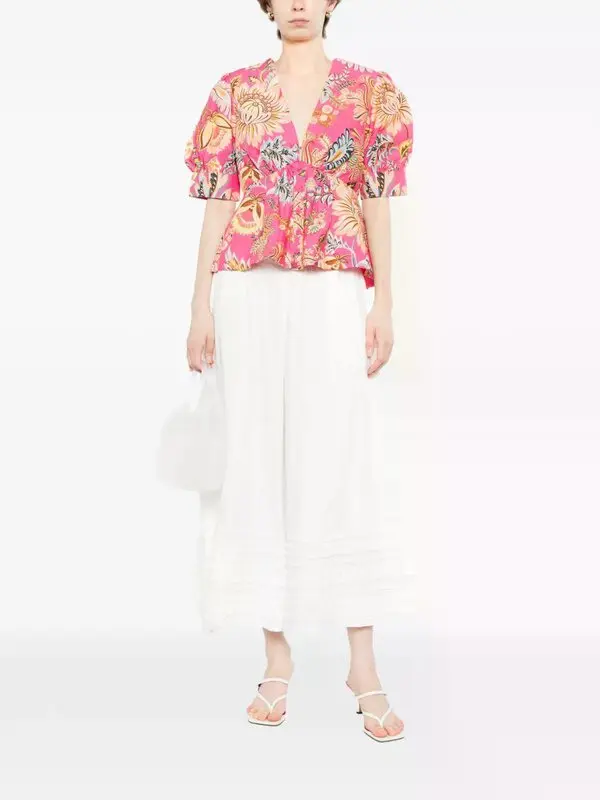 Farm Rio Floral Print V-neck Puff Sleeve Blouse
