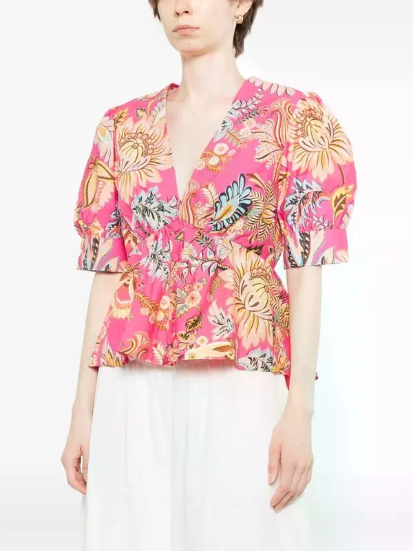 Farm Rio Floral Print V-neck Puff Sleeve Blouse