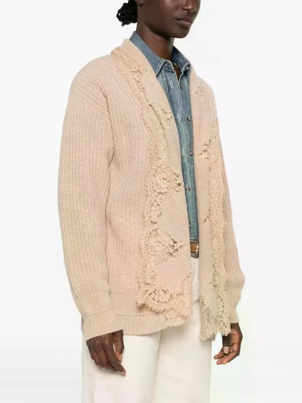 ERMANNO FIRENZE Lace Trim Ribbed Knit Cardigan - Neutrals