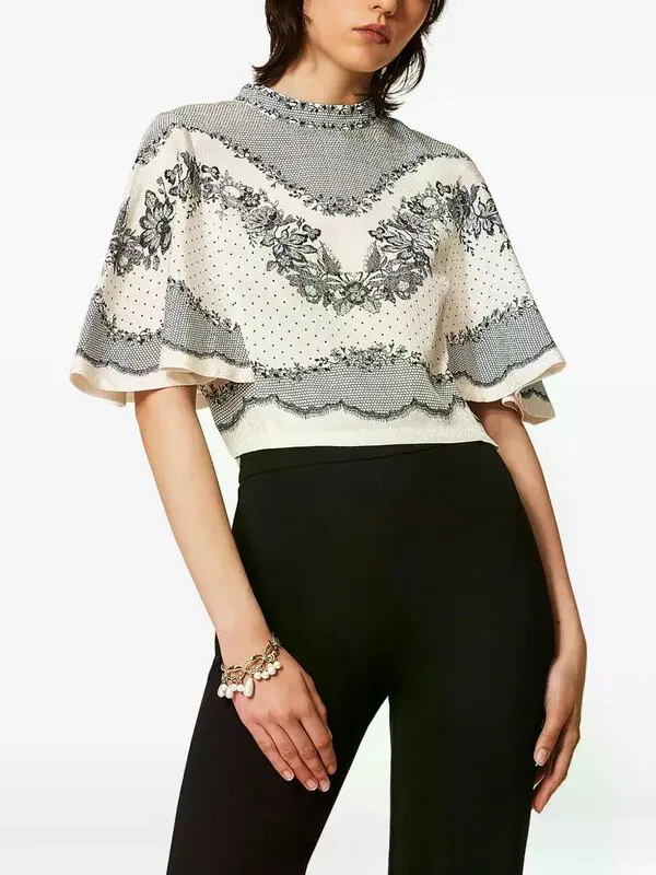 TWINSET Jacquard Satin Blouse With Floral And Polka Dot Pattern