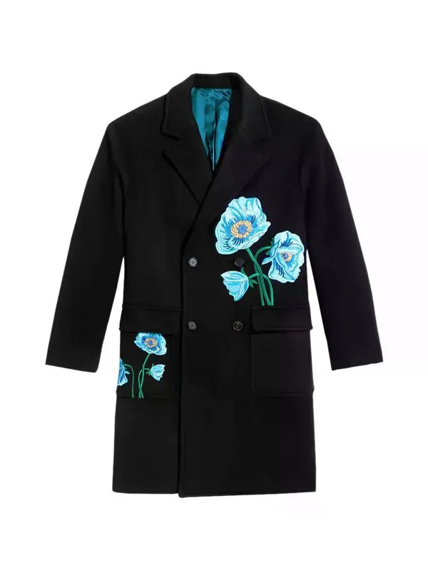 AWAKE NY Floral-embroidered Double-breasted Overcoat - Black