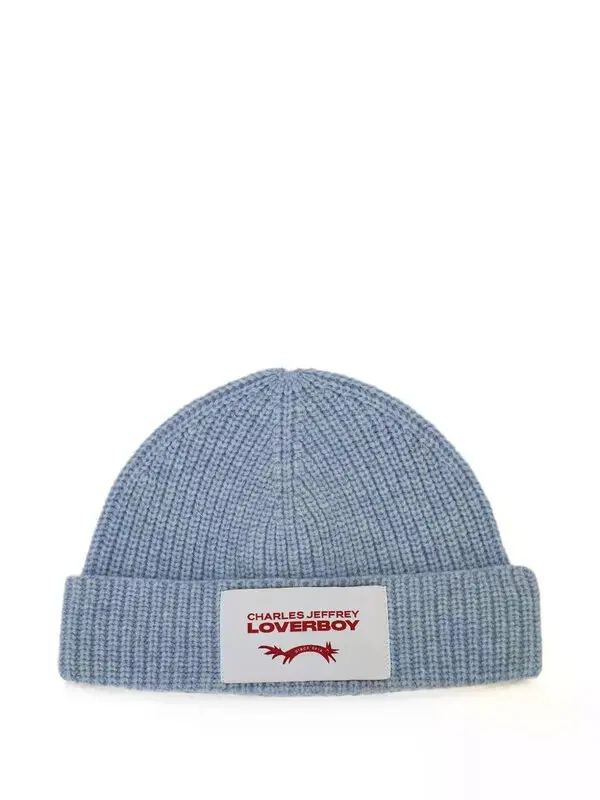 CHARLES JEFFREY Logo-patch Ribbed-knit Beanie Hat - Blue