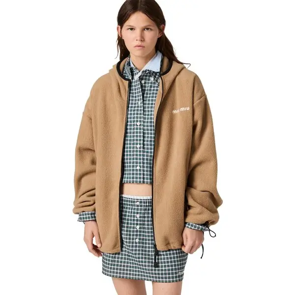 Miu Miu Cotton Fleece Hooded Zipper Jacket - Camel Brown