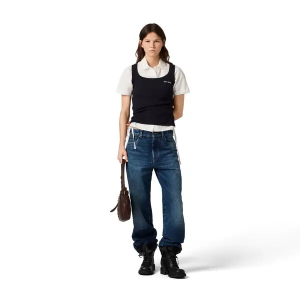 Miu Miu Ribbed Knit Scoop Neck Tank Top - Navy