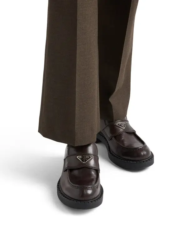 Prada Chocolate Aged Leather Loafers With Enameled Triangle Logo