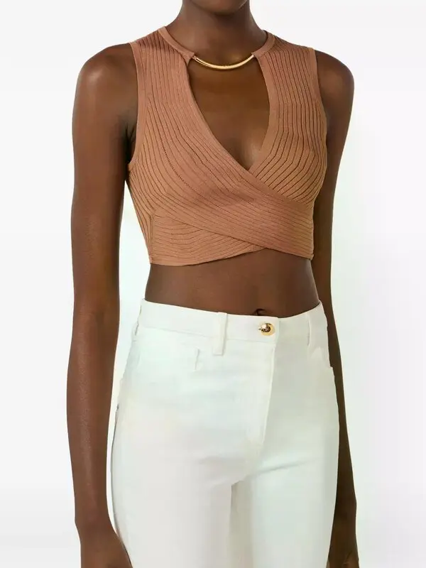 Elisabetta Franchi Ribbed-knit Wrap-front Cropped Top - Brown