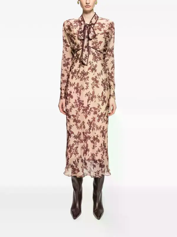 NISSA Silk And Viscose Floral Midi Dress - Neutrals