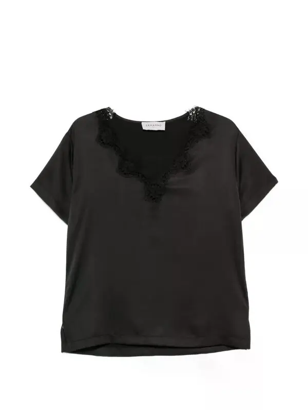 ERMANNO FIRENZE V-neck Lace-trim Satin Top - Black