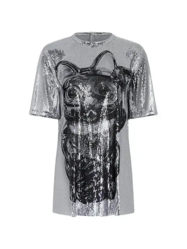 Rabanne Tone Chainmail Effect Cat Print Mini Dress