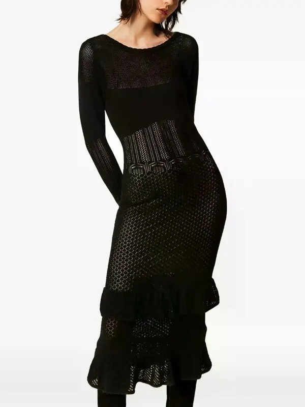 TWINSET Long Wool Blend Knit Dress With Ruffles