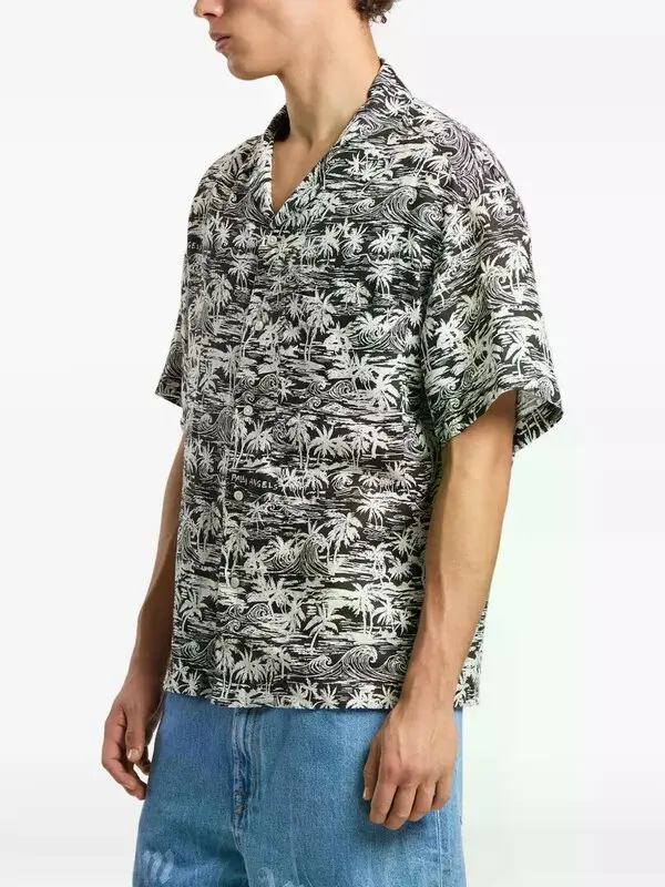 Palm Angels Palm Waves Linen Bowling Shirt - Black