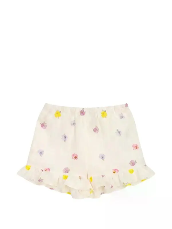 Sleeper Floral Print Ruffled Linen Shorts