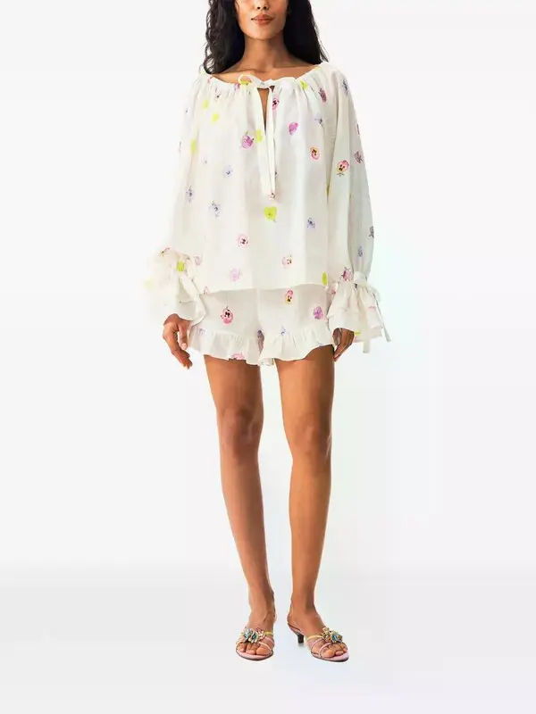Sleeper Floral Print Ruffled Linen Shorts