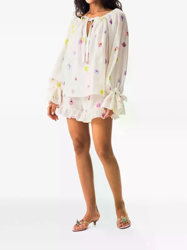 Sleeper Floral Print Ruffled Linen Shorts