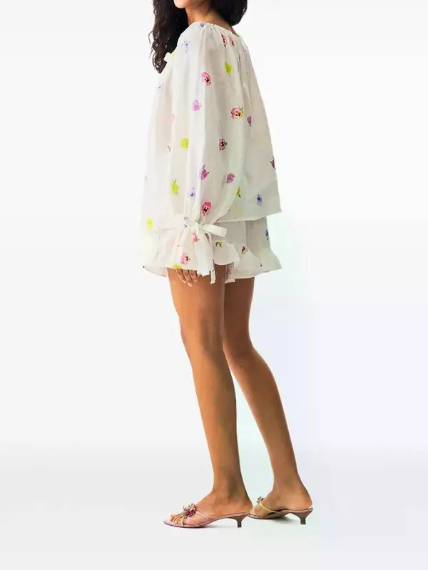 Sleeper Floral Print Ruffled Linen Shorts