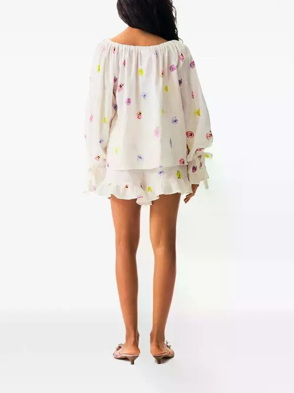 Sleeper Floral Print Ruffled Linen Shorts