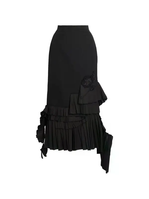 Erdem Ruffled Embroidered Midi Skirt - Black