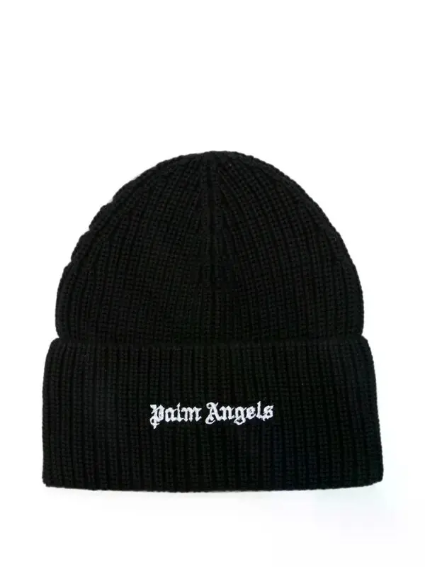 Palm Angels Logo Embroidered Ribbed Knit Beanie - Black