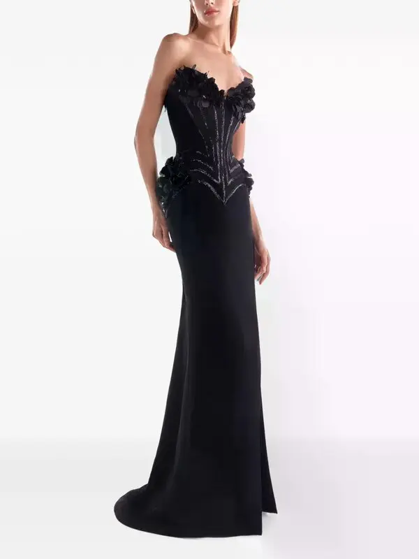 GABY CHARBACHY Sequin-embellished Floral-appliqué Strapless Gown