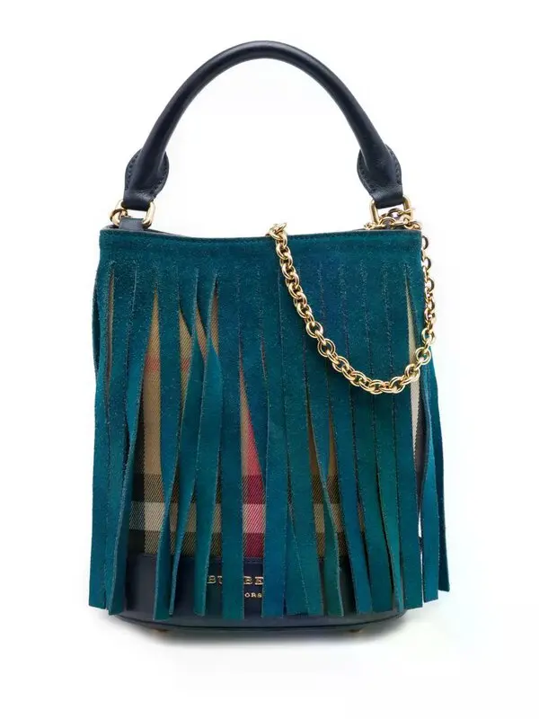 Burberry House Check Canvas And Suede Fringe Bucket Bag - Blue