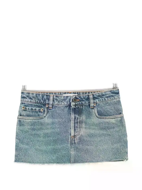 Miu Miu Logo-patch Frayed-hem Mini Denim Skirt - Blue