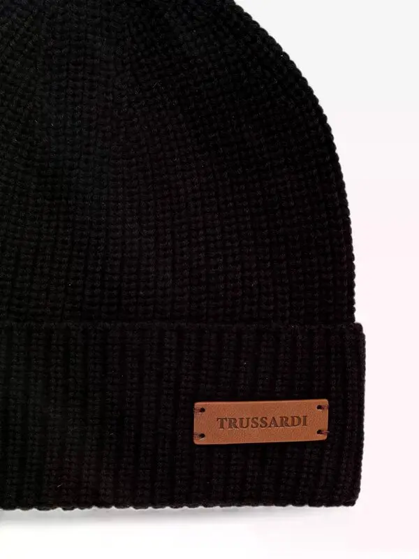 TRUSSARDI Ribbed Knit Beanie Hat With Logo Patch