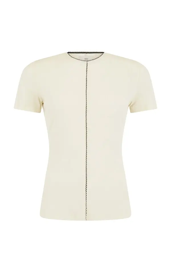 HARRIS TAPPER Fitted Short Sleeve Cotton T-shirt With Picot Detail - Ivory