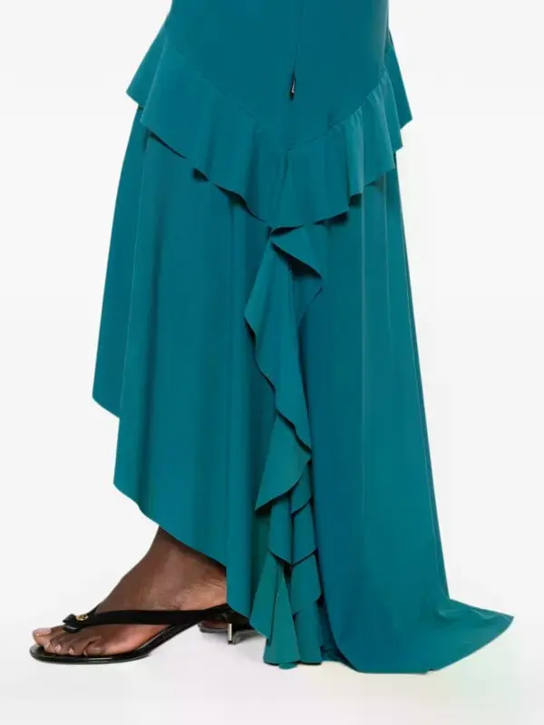 Moschino Teal Green Ruffled Asymmetric Long-sleeve Gown