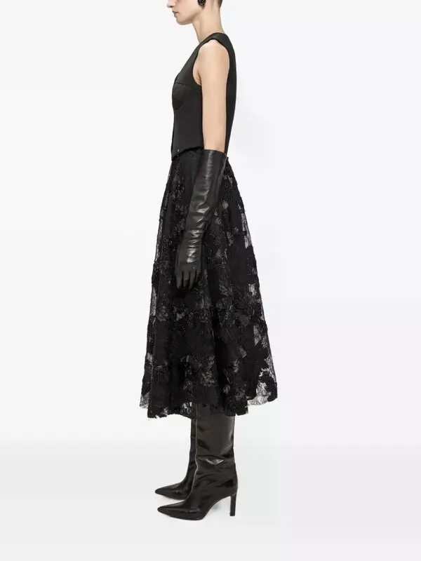 NISSA Floral-embroidered A-line Midi Skirt