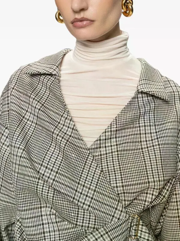 NISSA Checked Wrap Shirt With Spread Collar And Curved Hem
