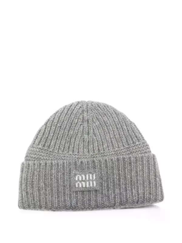 Miu Miu Ribbed Knit Wool Beanie With Logo Patch - Grey