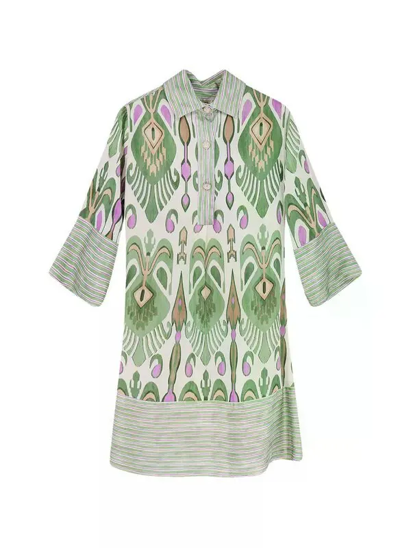 BYE FIRENZE Ikat-print Button-down Mini Dress - Green