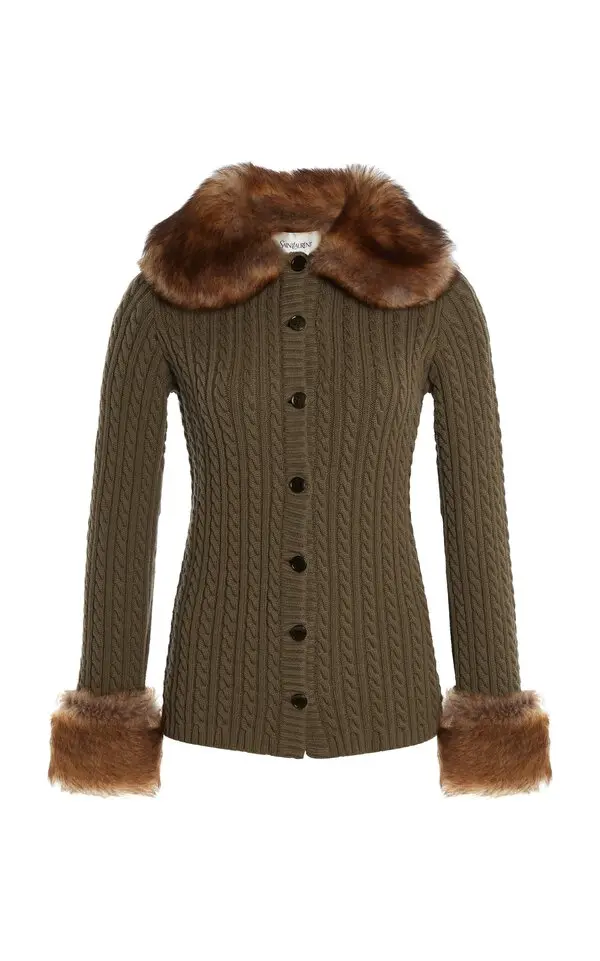 Saint Laurent Cashmere Cable Knit Cardigan With Fur Trim - Neutral