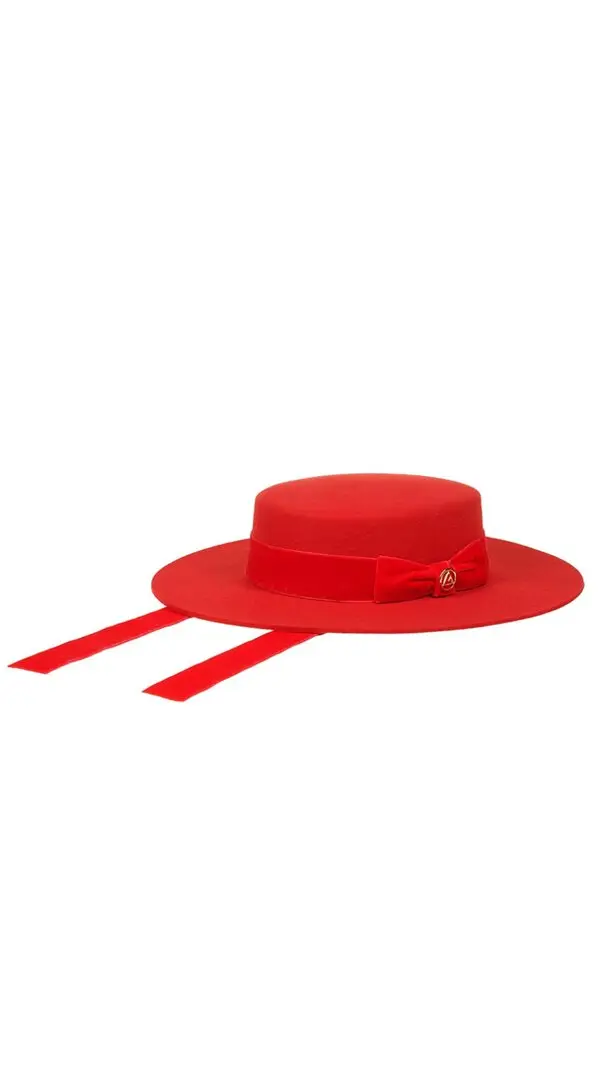 LE TRAP Boater Hat With Velvet Ribbon And Gold-tone Pin