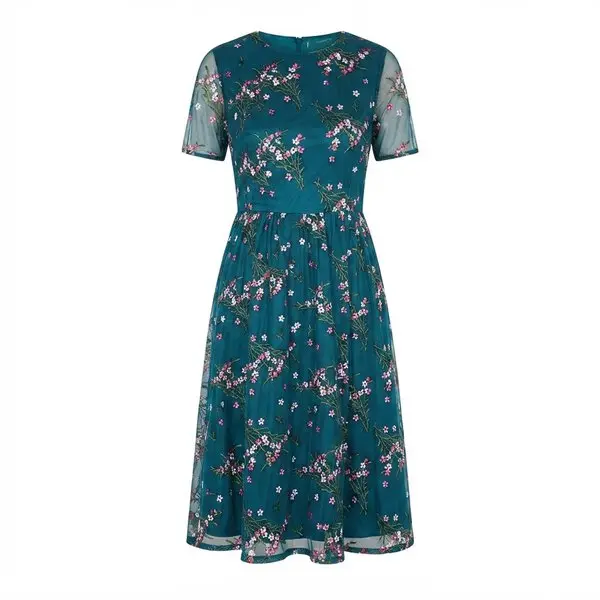 YUMI Embroidered Floral Mesh Midi Dress