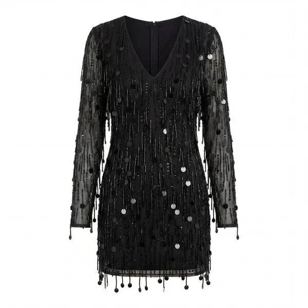 Mac Duggal Long Sleeve Beaded Fringe V-neck Mini Dress