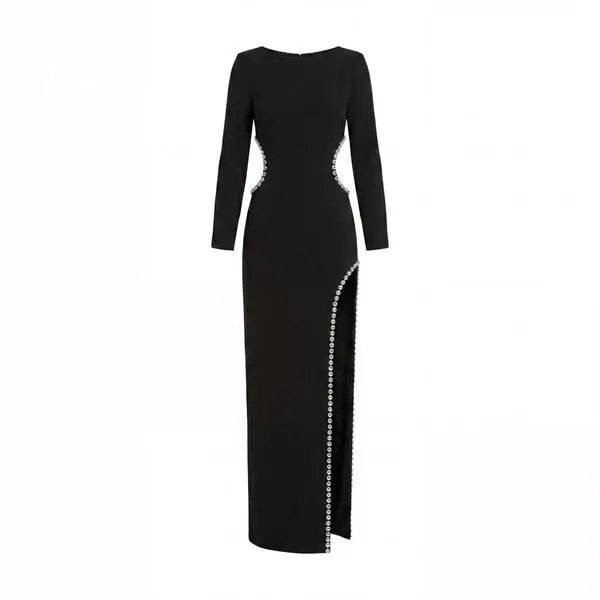 Mac Duggal Long Sleeve Crepe Gown With Embellished Cut Outs - Black
