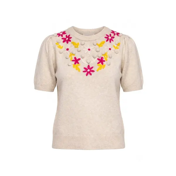 TANTRA SPAIN SL Short-sleeved Sweater With Embroidered Flowers - Beige