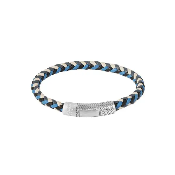 Tateossian Herringbone Click Multi Pelle Bracelet In Rhodium-plated Sterling Silver With Leather - Blue
