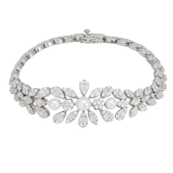 LATELITA Empress Pearl Petal Tennis Bracelet In Sterling Silver With Simulated Diamonds And Majorica Pearls - Silver/white