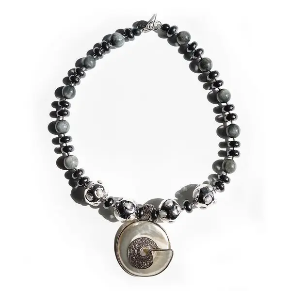 EDGAR NAVARRO JEWELRY Edgar Navarro Mother Of Pearl Statement Necklace With Hematite, Tiger Eye, And Pearl Accents - Black/silver