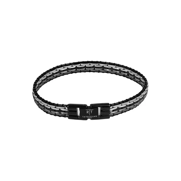 Tateossian Tessellate Ip Plated Stainless Steel And Leather Bracelet - Black