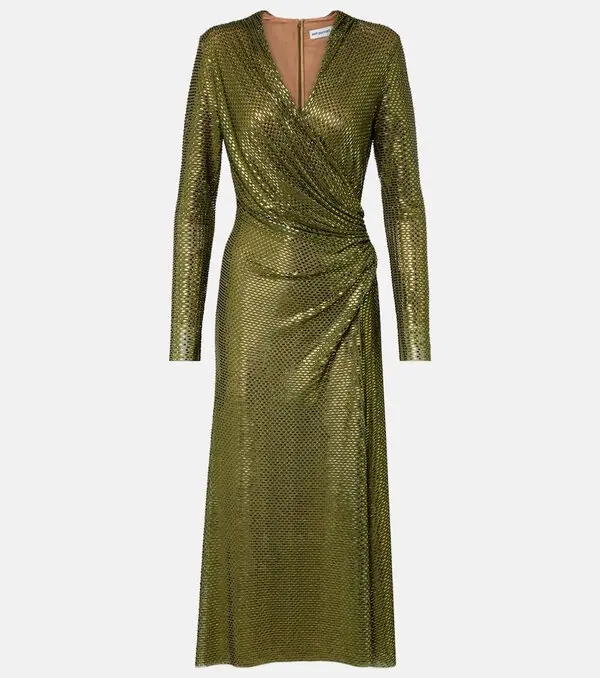 SELF-PORTRAIT Gathered Rhinestone-embellished Midi Dress