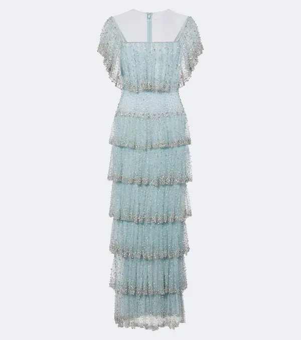 Costarellos Crystal-embellished Tiered Mesh Gown