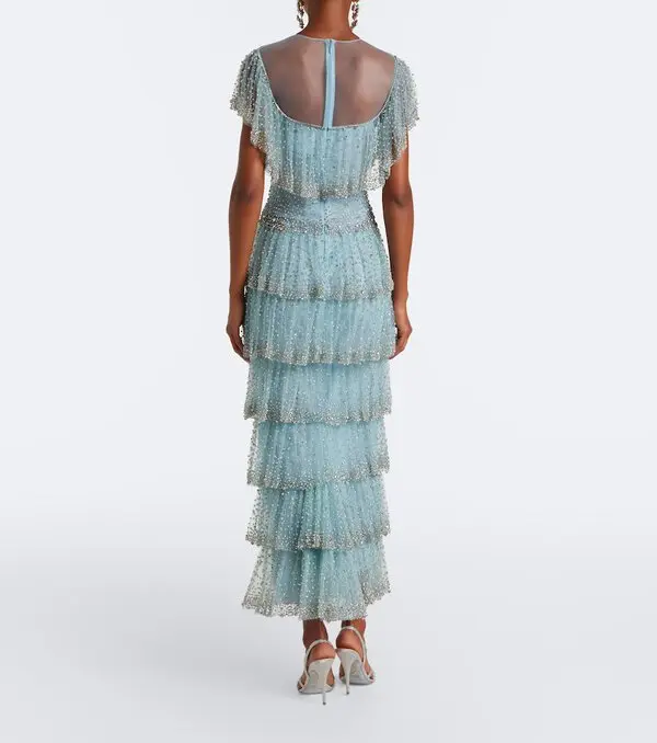 Costarellos Crystal-embellished Tiered Mesh Gown
