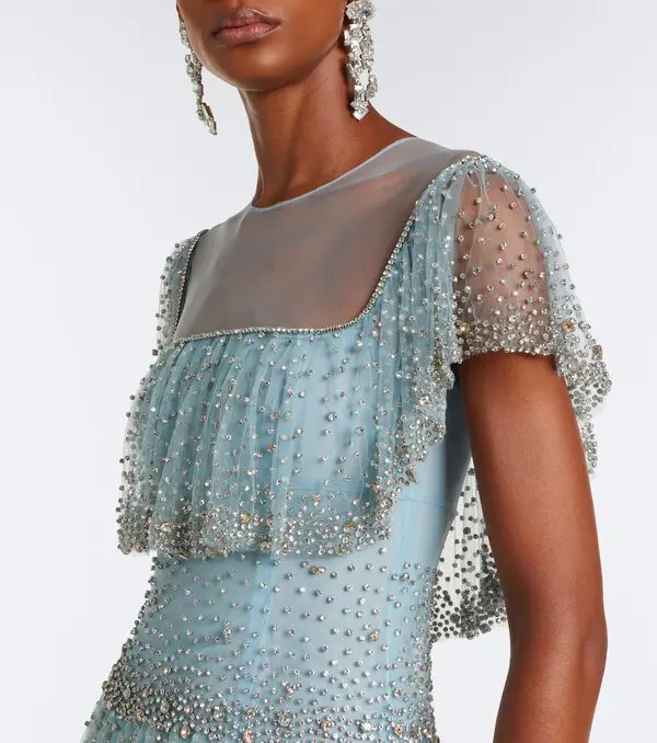 Costarellos Crystal-embellished Tiered Mesh Gown