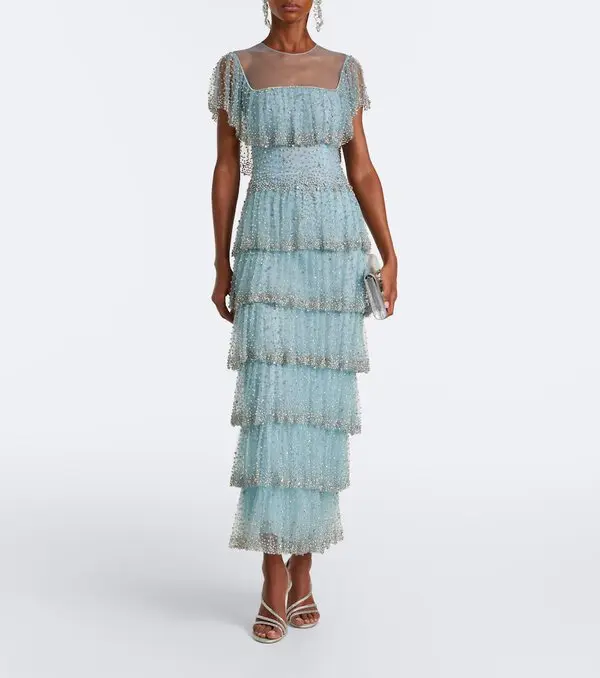 Costarellos Crystal-embellished Tiered Mesh Gown